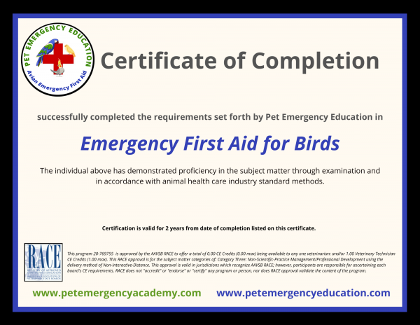 Emergency First Aid for Birds Course Certificates – Pet Emergency Academy